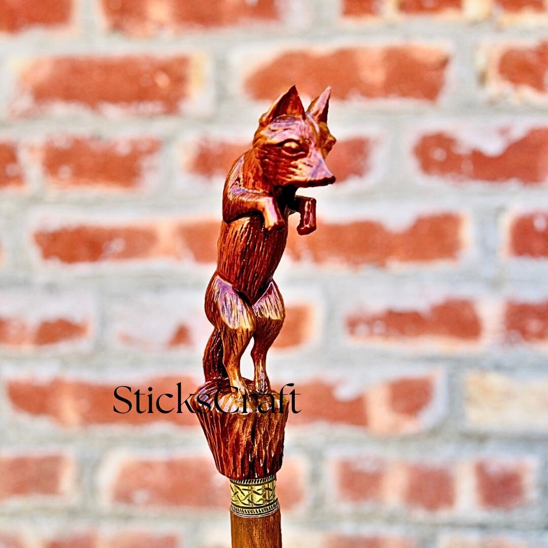 Fox Walking Stick Wooden Cane FANCY Hand Carved Fox Portrait Cane Stick ...