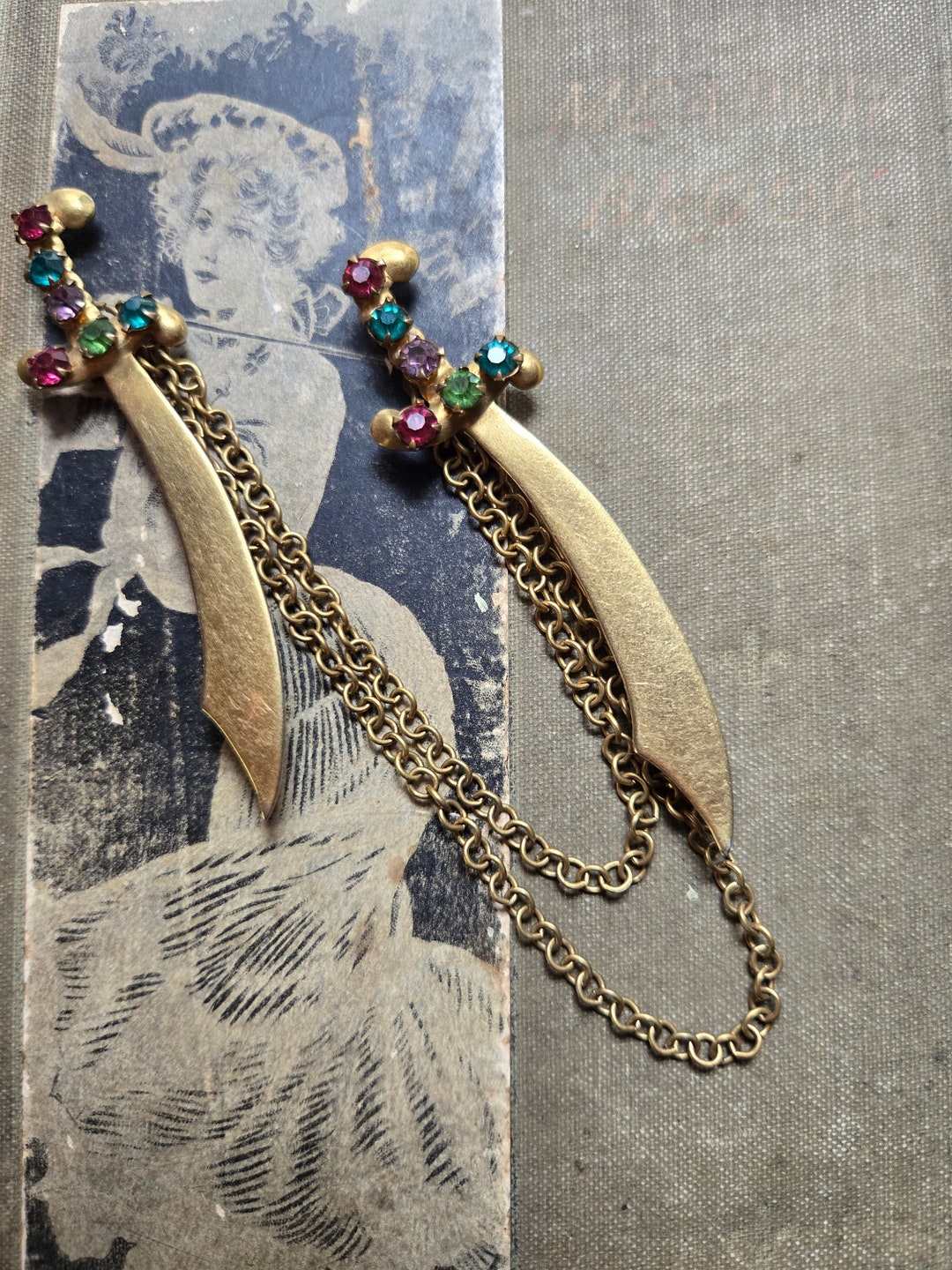 Vintage Two Piece Jeweled Sword Brooch Joined by Double Chains, Vintage ...