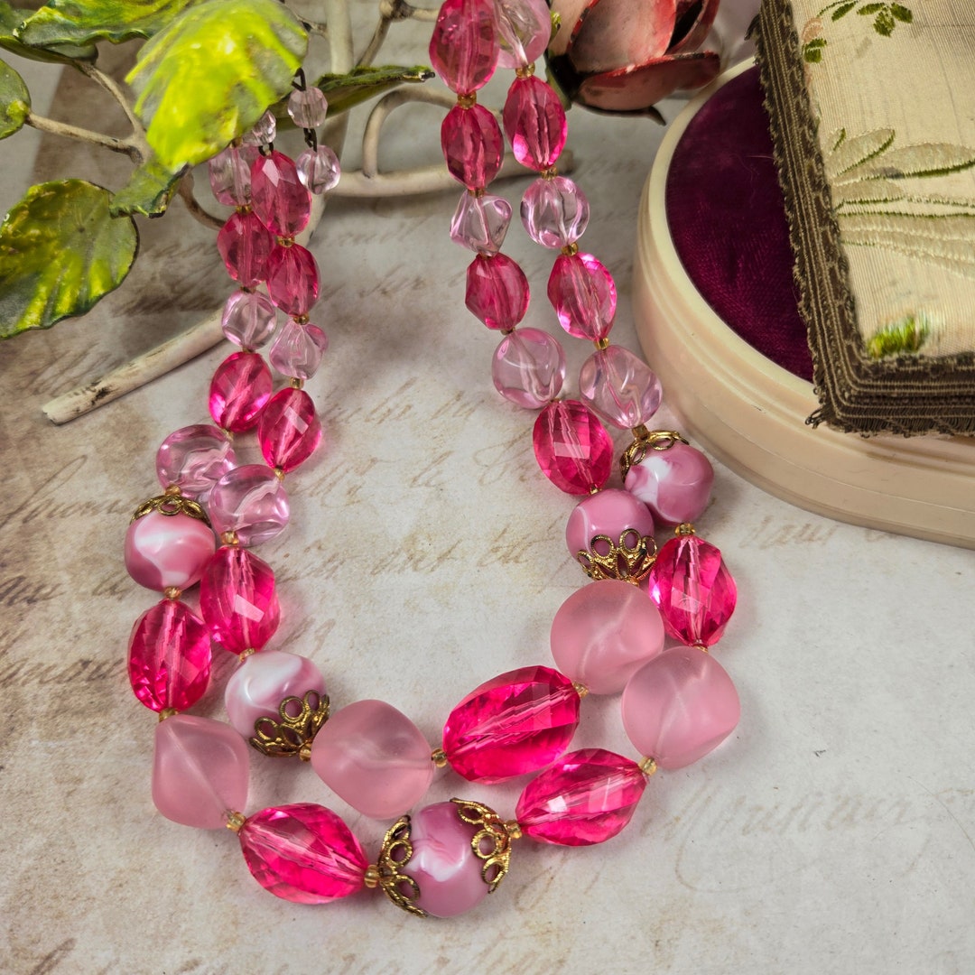 Vintage West Germany Pink Beaded Double Strand Choker Necklace - Etsy