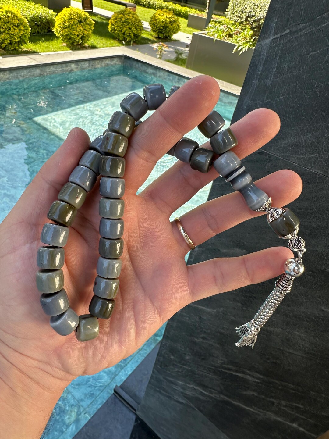 Gray 33-bead Barrel Tesbih Handmade Prayer Beads With Silver Tassel ...