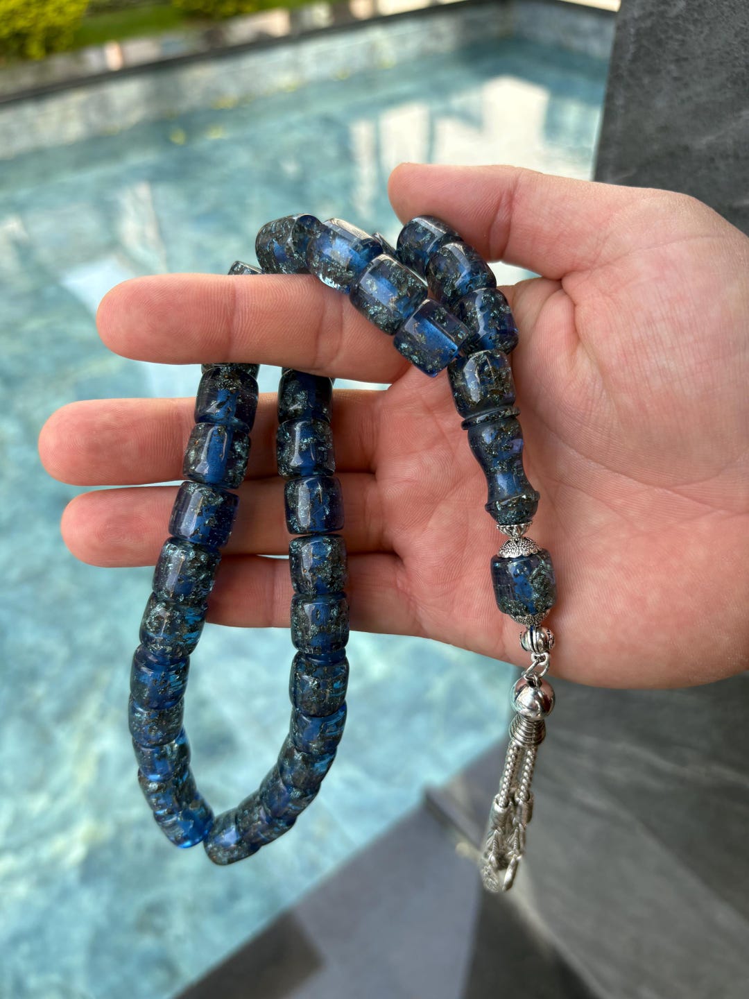 Blue Resin Tasbih: Handcrafted Islamic Prayer Beads With Silver Flakes ...