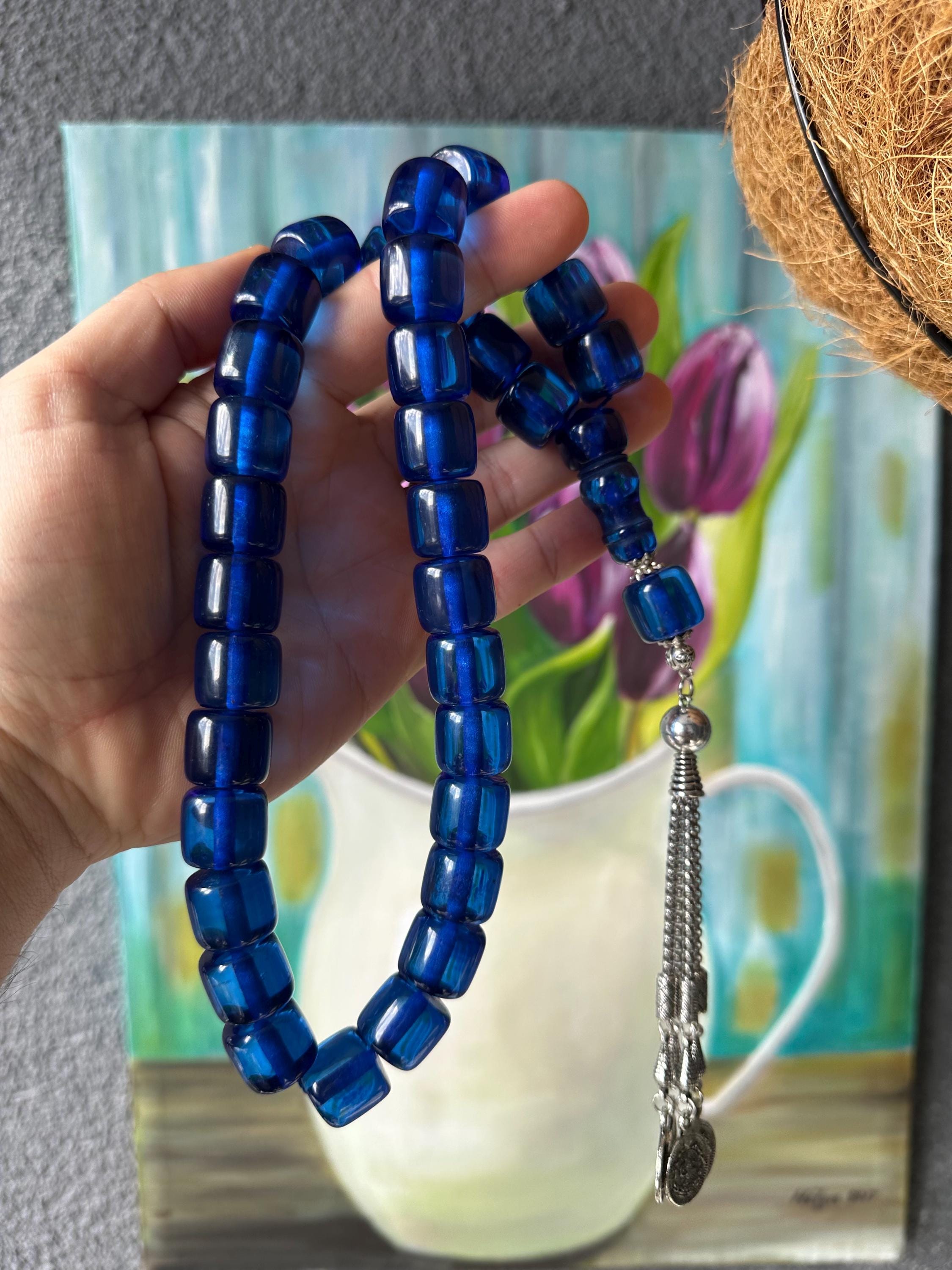 Handcrafted Deep Blue Resin Tasbih Islamic Prayer Beads With Silver ...