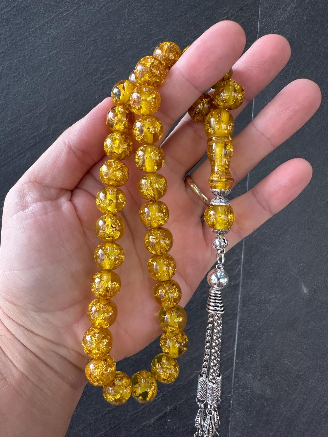 Silver Flake Amber Tasbih – 33 Bead Yellow Resin Prayer Beads - Etsy