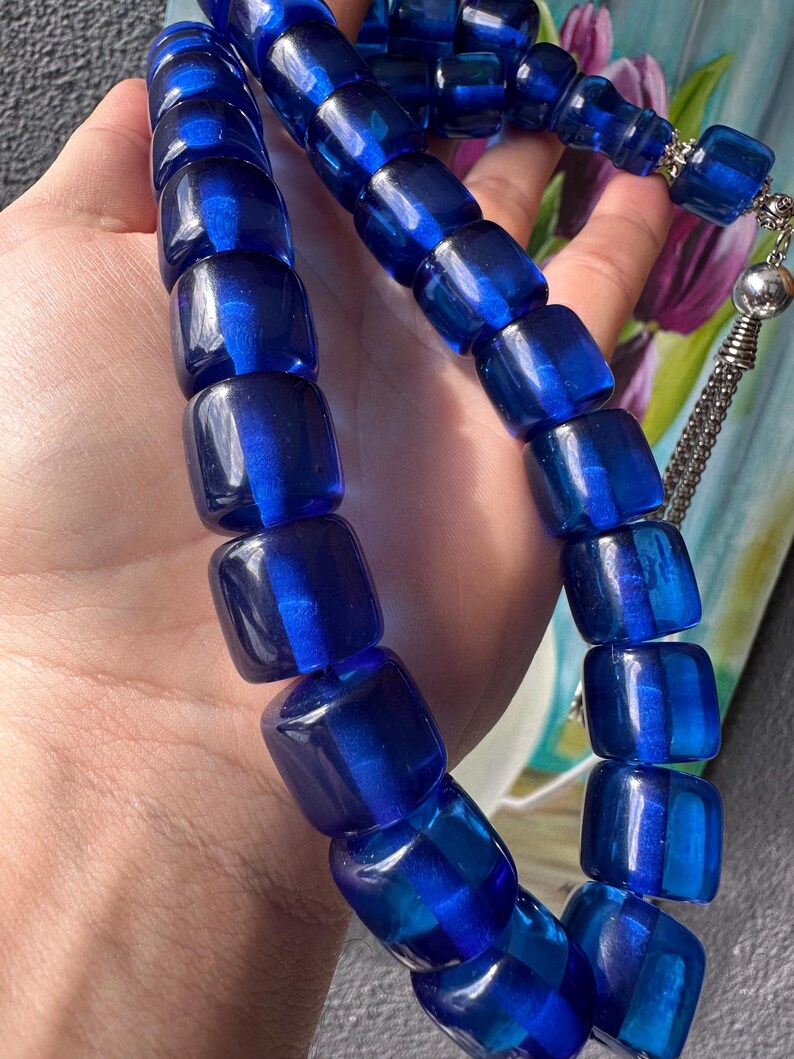Handcrafted Deep Blue Resin Tasbih Islamic Prayer Beads With Silver ...