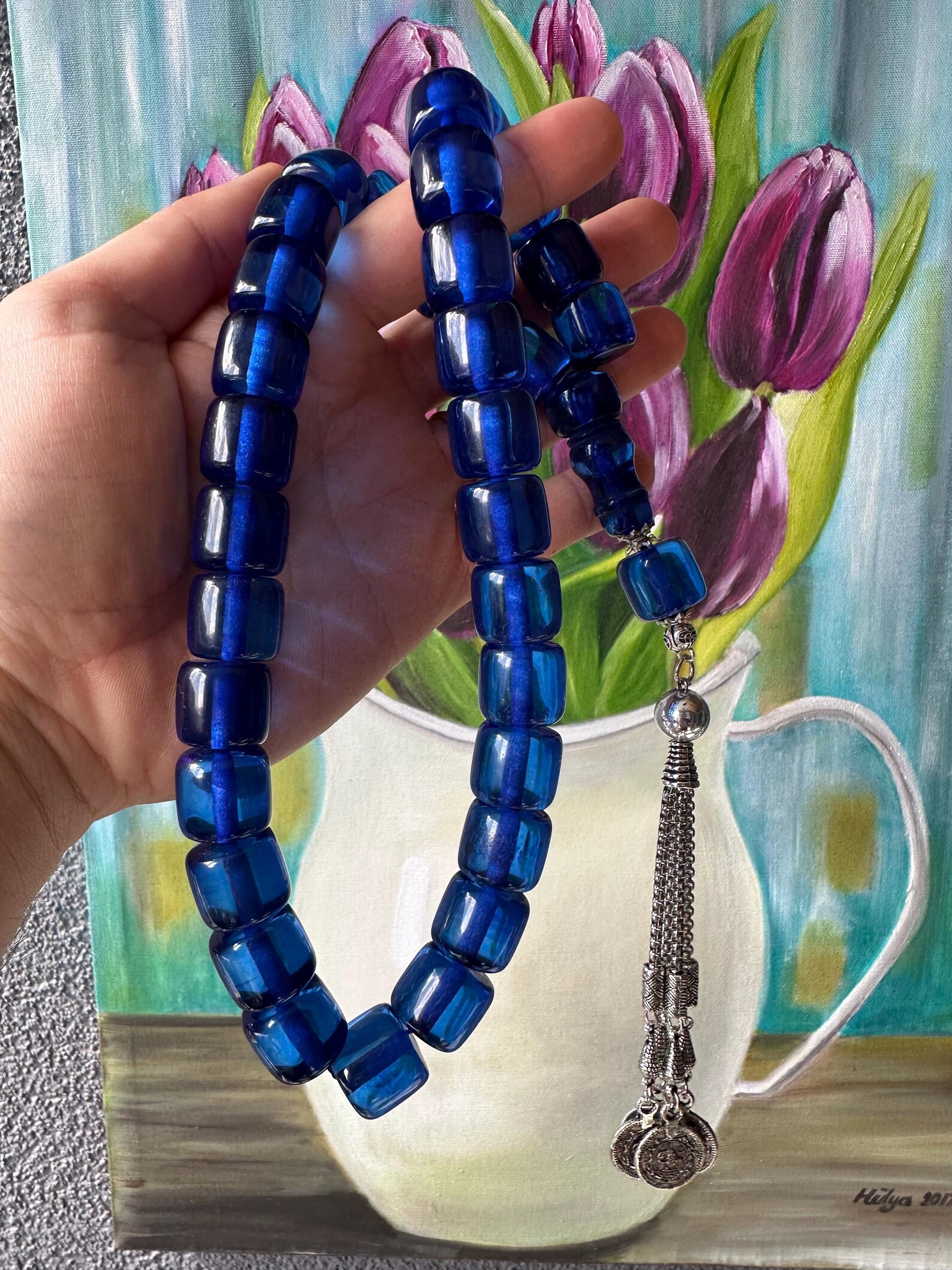 Handcrafted Deep Blue Resin Tasbih Islamic Prayer Beads With Silver ...