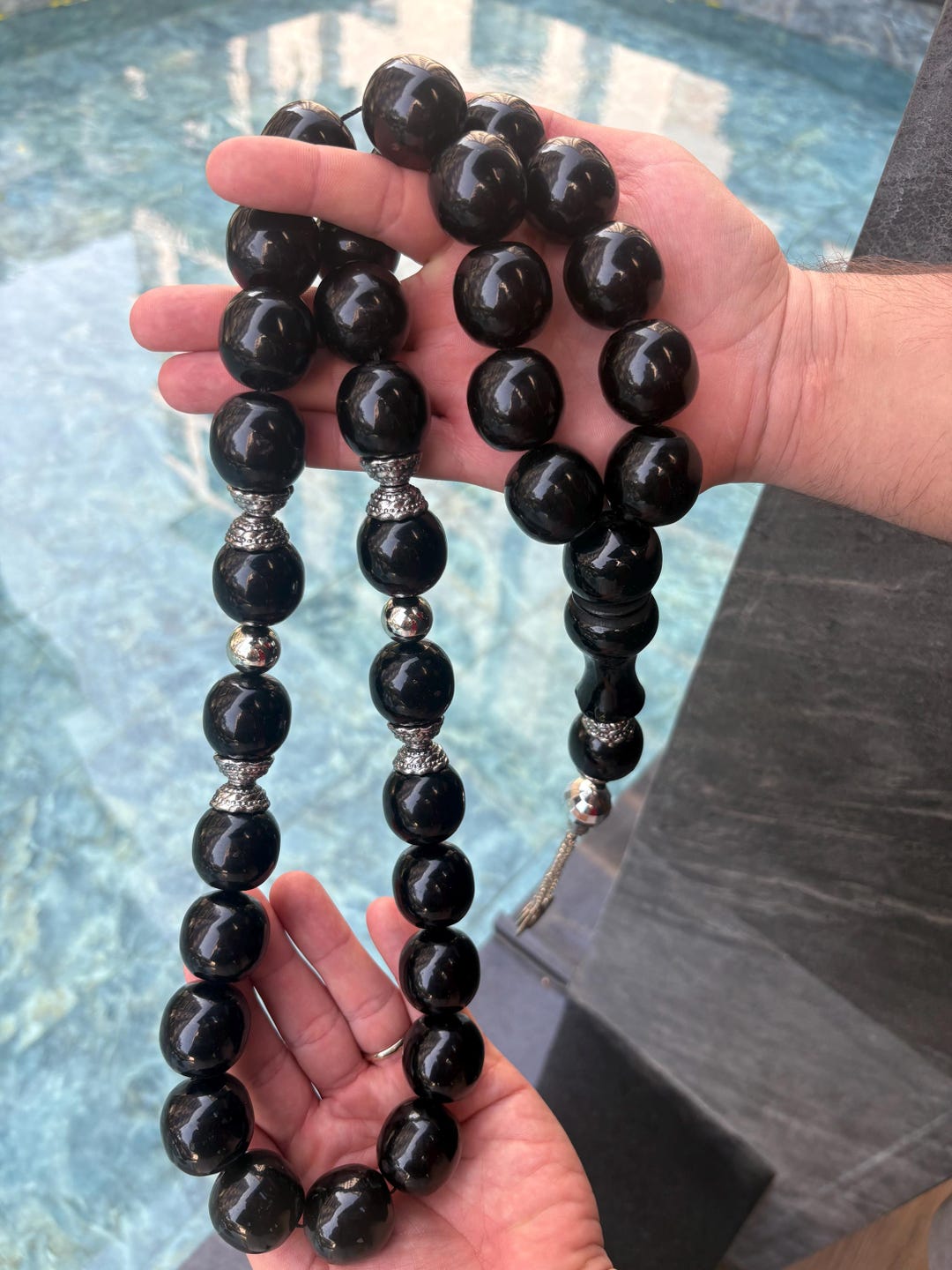 Black Islamic Tasbih 33 Beads | Handmade Prayer Beads With Silver ...