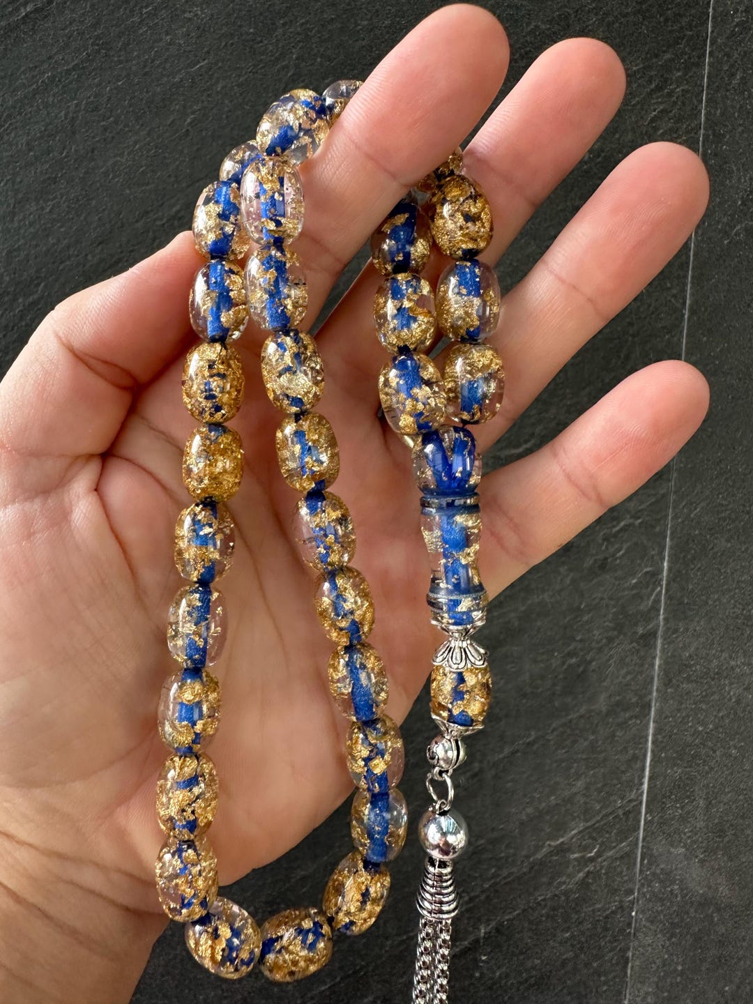 Handmade Blue Gold Flake Resin Tasbih: Islamic Prayer Beads With Silver ...
