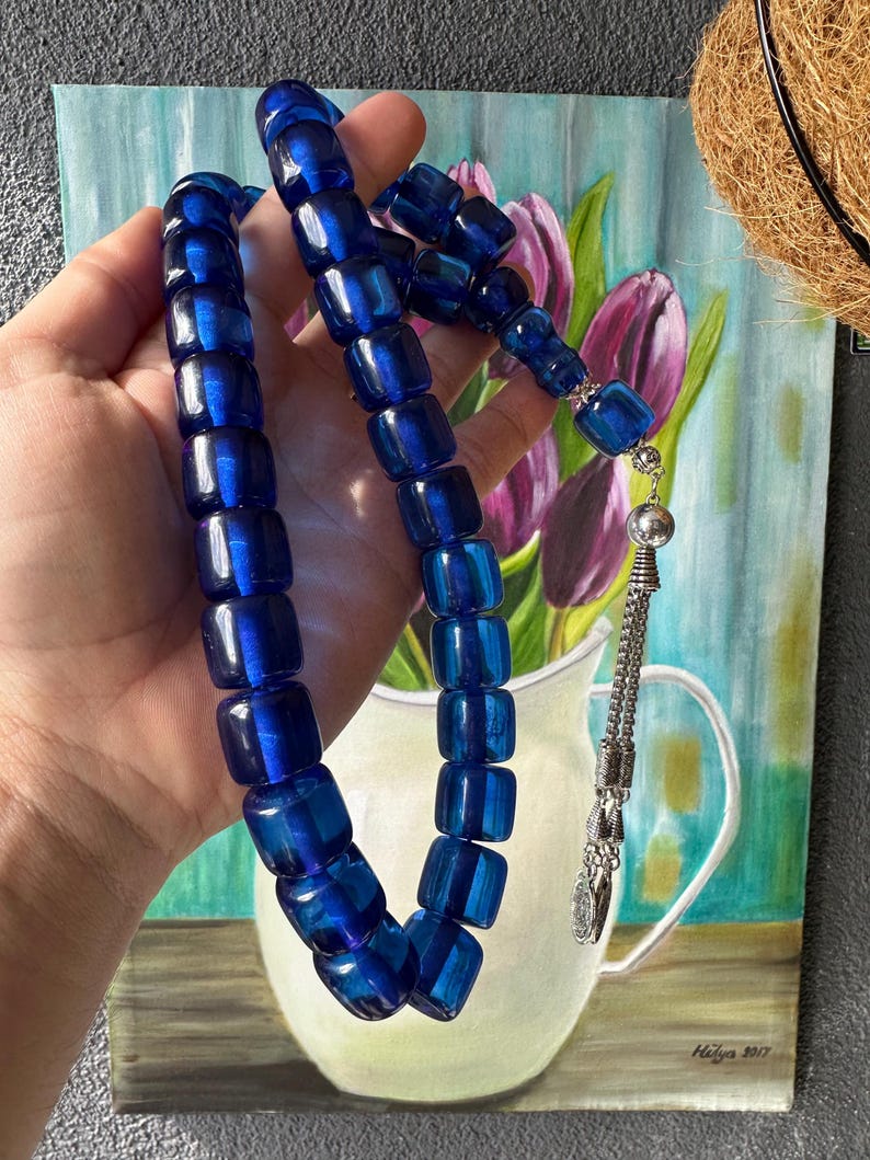Handcrafted Deep Blue Resin Tasbih Islamic Prayer Beads With Silver ...