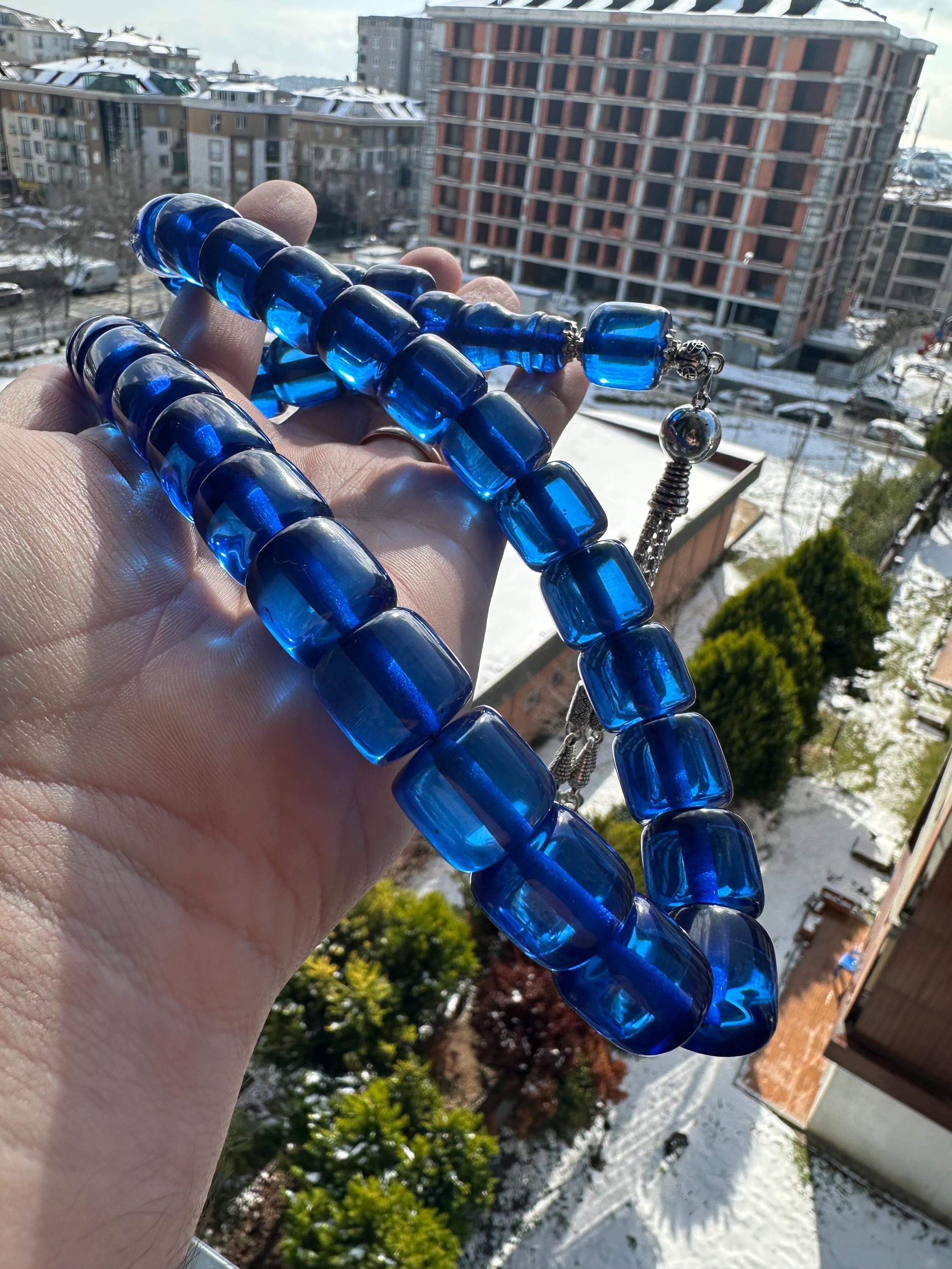 Handcrafted Deep Blue Resin Tasbih Islamic Prayer Beads With Silver ...
