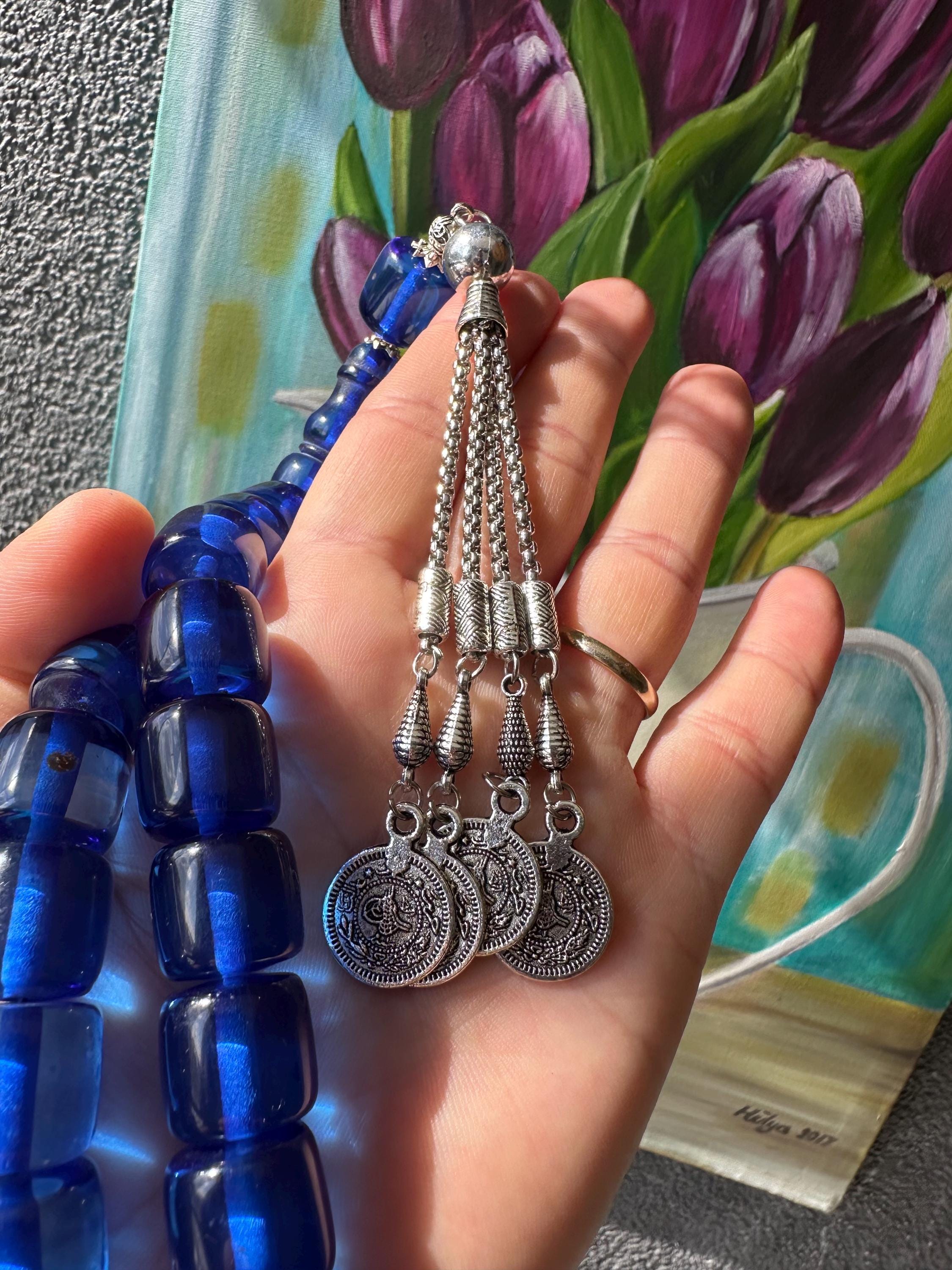 Handcrafted Deep Blue Resin Tasbih Islamic Prayer Beads With Silver ...