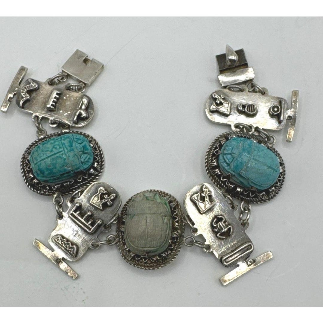 Vintage Sterling Silver EGYPTIAN Scarab Beetle Cartouche 6.5" Chain ...