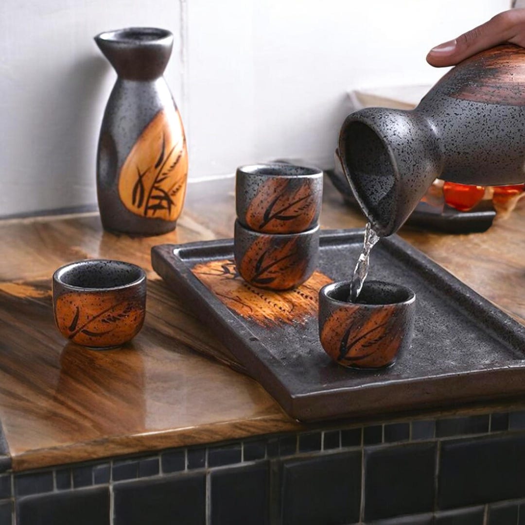 Traditional Japanese Sake Set With Cups and Tray Hand-painted Ceramic ...