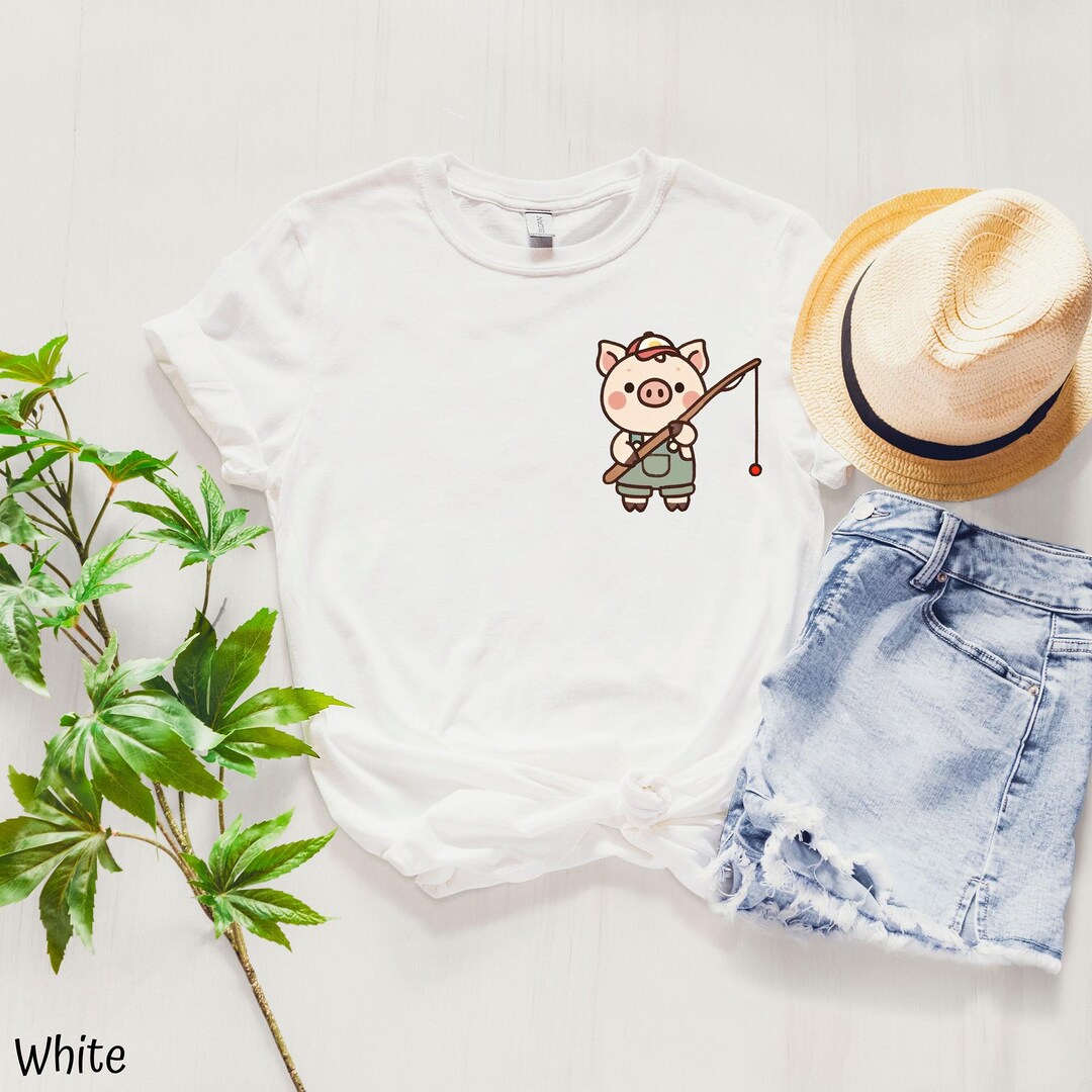 Pig Fishing, Alot of Cartoon Fish on the Back T Shirt With a Cute Pig ...