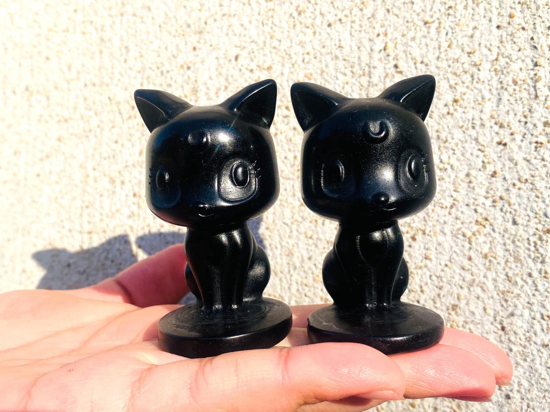 Crystal Obsidian Cat Carving With Crescent Moon on Forehead，kitten ...