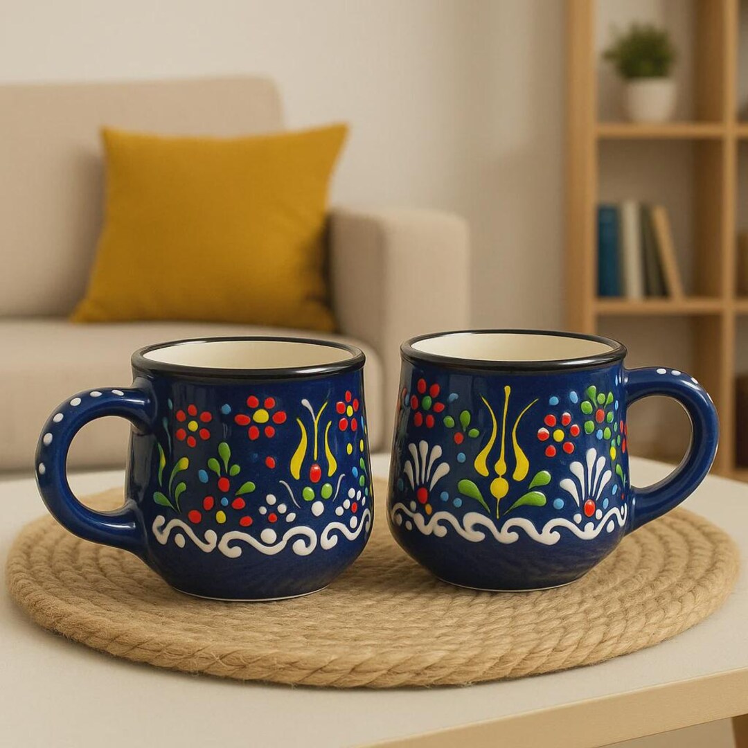 2 Handcrafted Ceramic Mugs Gifts for Home Decor for Table Hand-painted ...