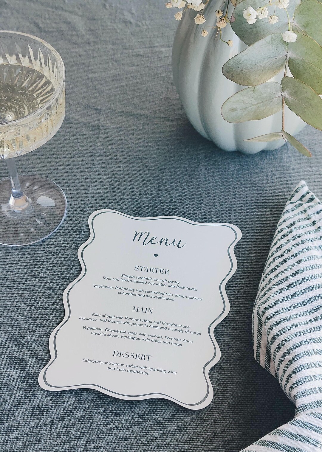 Printed Ivory & Sage Green Wedding Menus, Wavy Edge Menu Cards ...