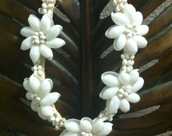 White Bubble Shell With White Mongo & Frog Shell Raffia Necklace or ...