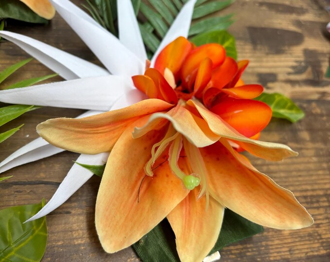 Sherbet Cala Lily, Orchids With White Bird of Paradise and Palm Leaves ...
