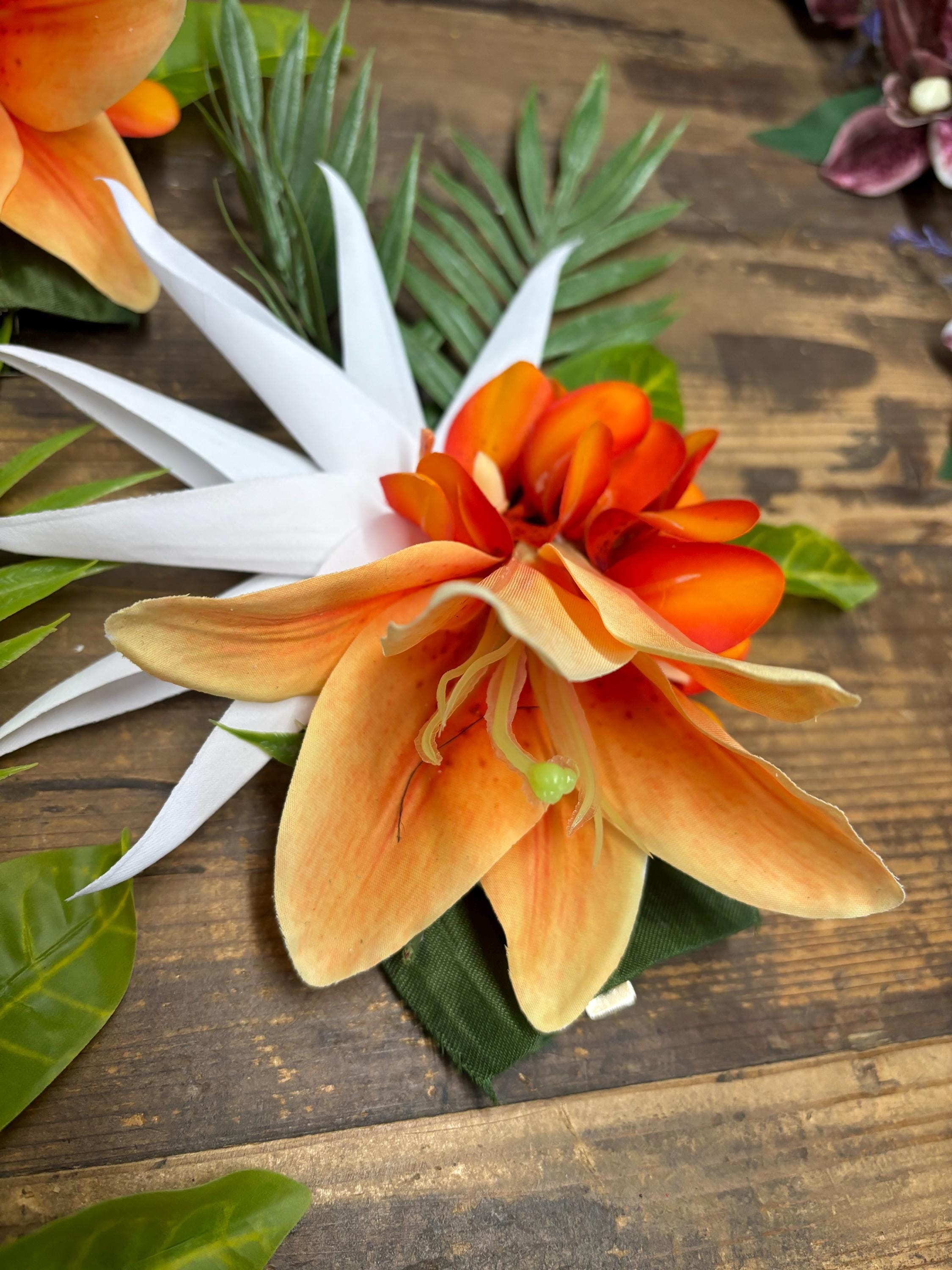 Sherbet Cala Lily, Orchids With White Bird of Paradise and Palm Leaves ...