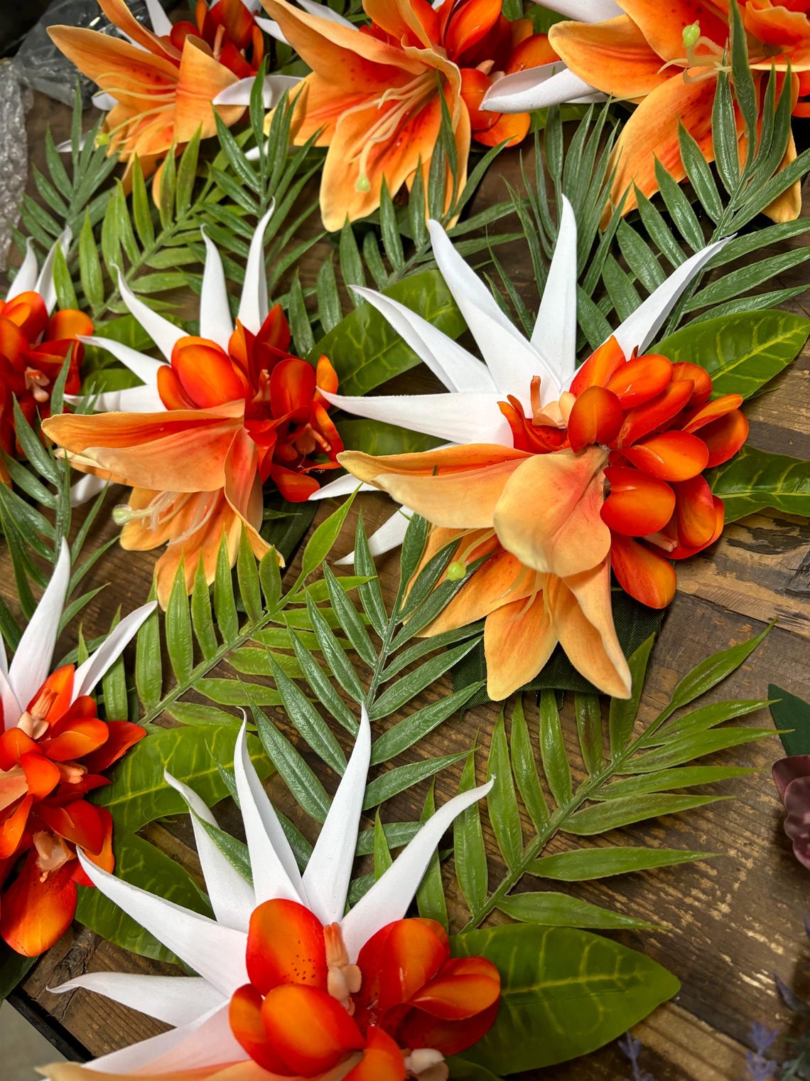 Sherbet Cala Lily, Orchids With White Bird of Paradise and Palm Leaves ...