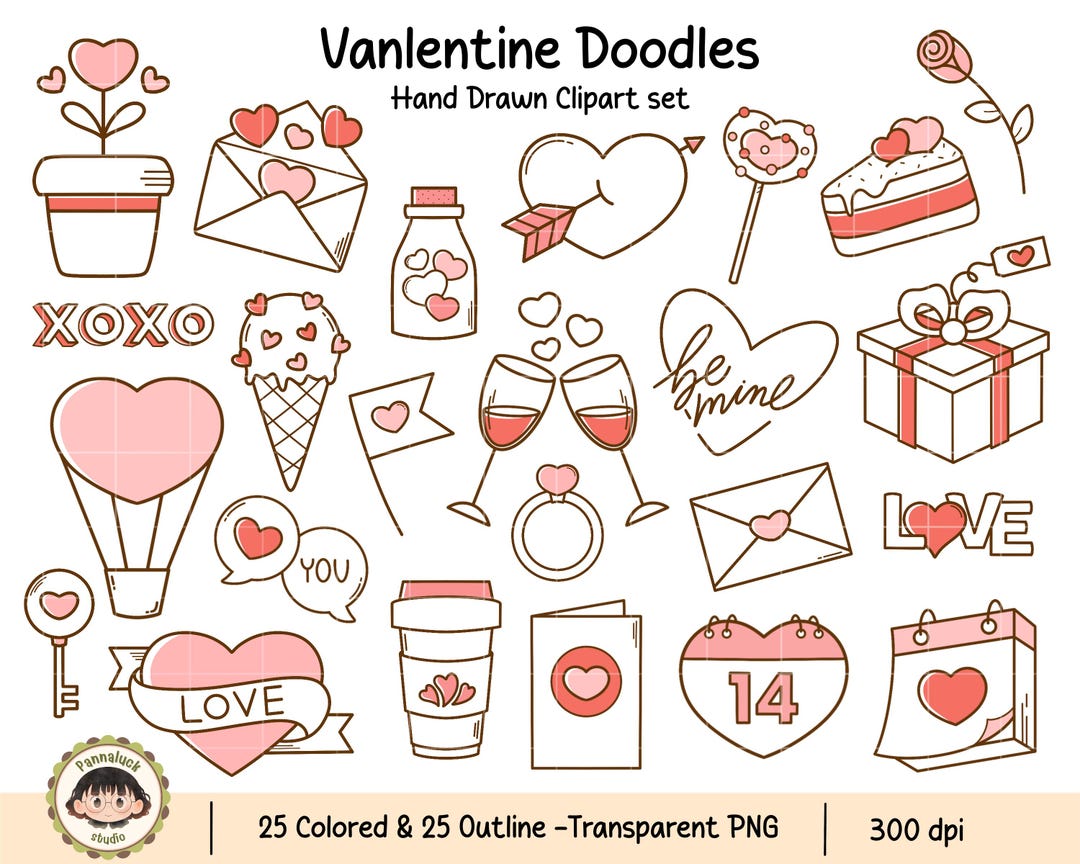 Valentine Clipart Bundle, Valentine Doodle Clip Art Set, Valentine's ...