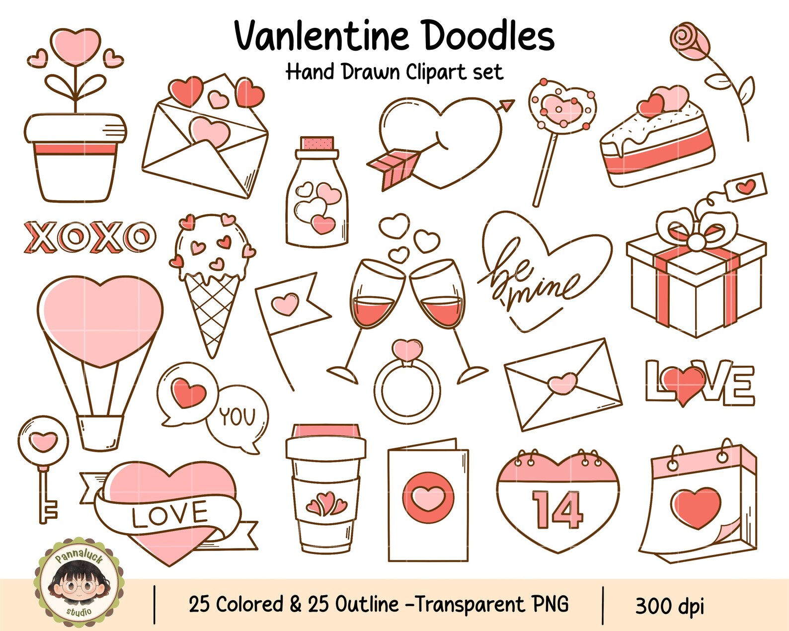 Valentine Clipart Bundle, Valentine Doodle Clip Art Set, Valentine's ...