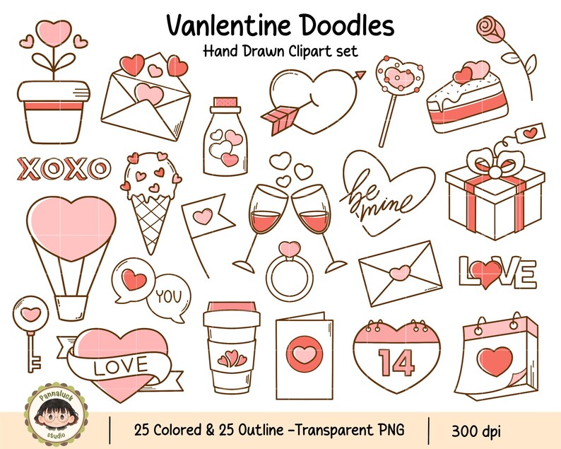 Valentine Clipart Bundle, Valentine Doodle Clip Art Set, Valentine's ...