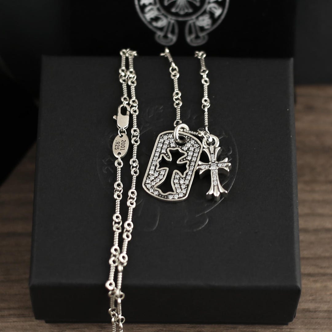 CH in Box 925 Silver Vintage Zircon Cross Dog Tag Pedant Necklace ...