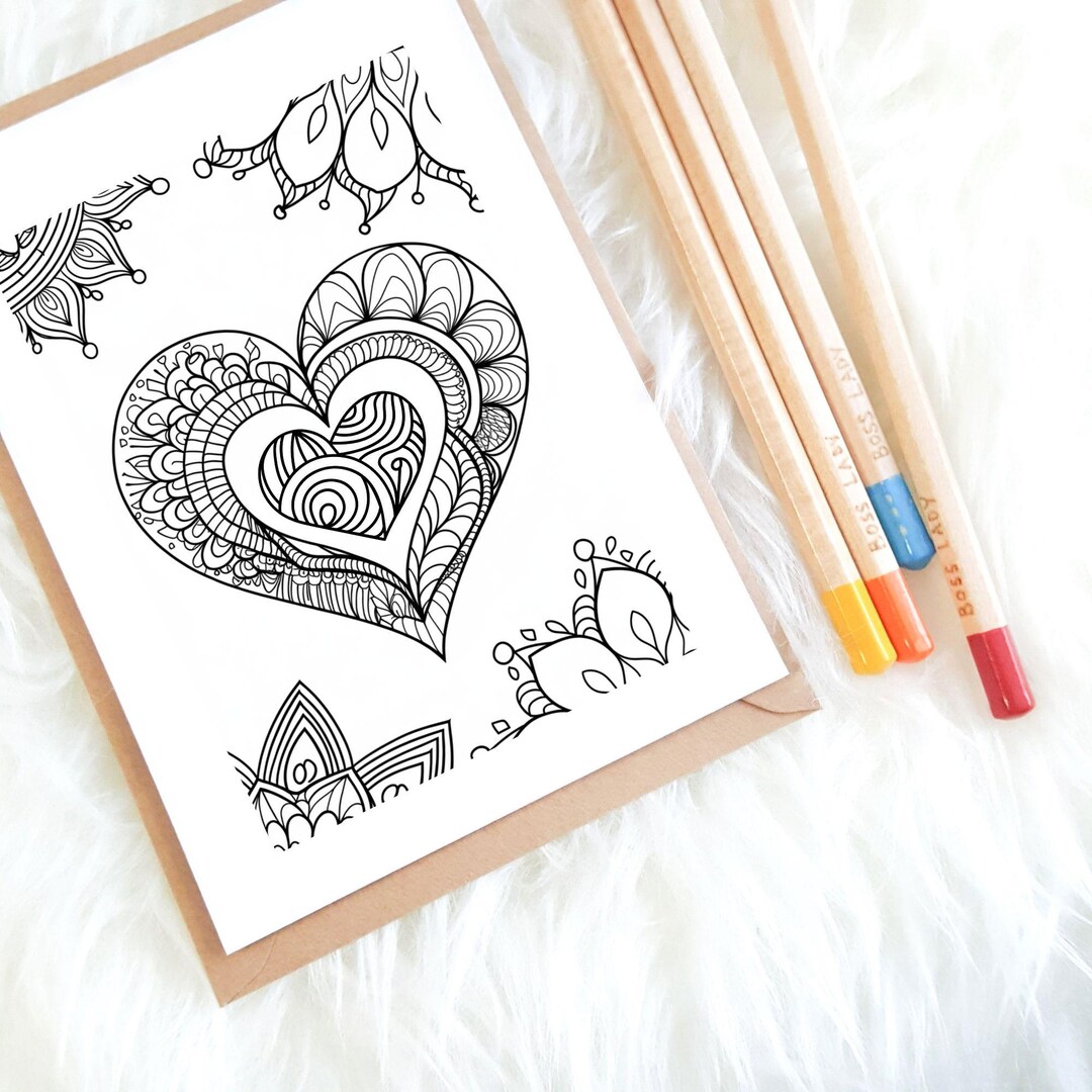 Valentine Zentangle Heart Adult Coloring Page Love Mandala Art Mindful ...