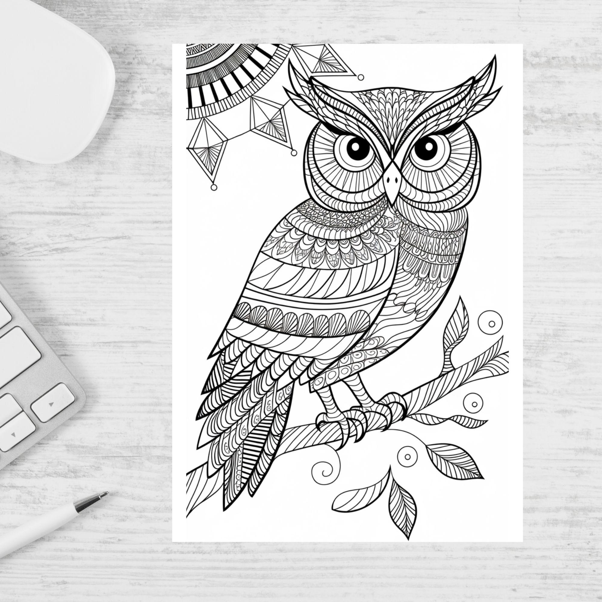 Zentangle Owl Coloring Page Wisdom Bird Adult Coloring Mindfulness Art ...