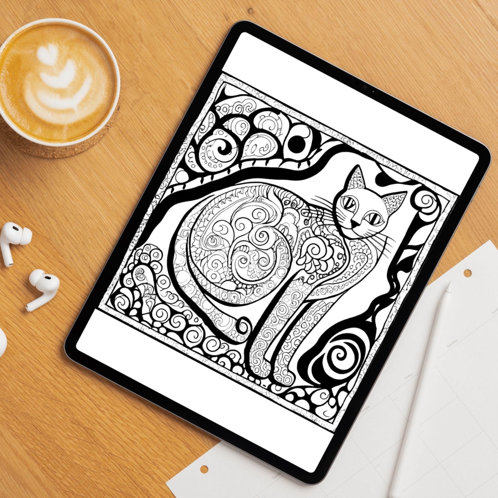 Zentangle Cat Coloring Page Mindfulness Art Mandala Coloring Stress ...