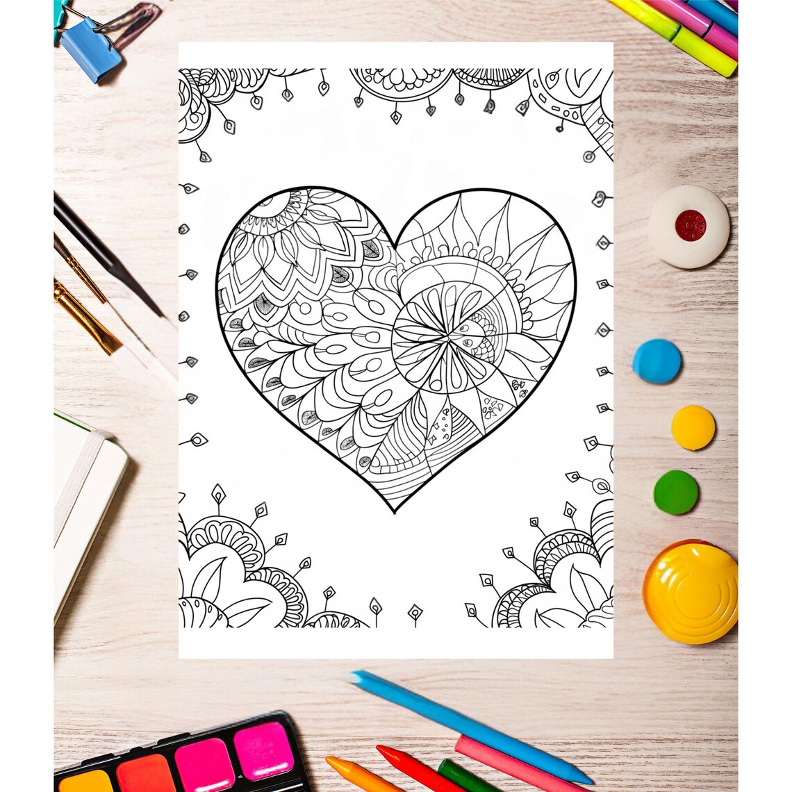 Valentine Zentangle Heart Adult Coloring Page Love Mandala Art Mindful ...