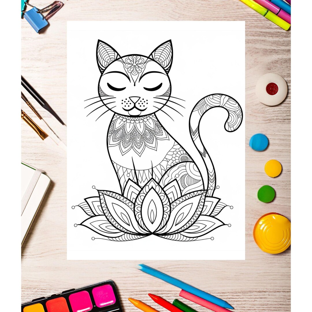 Zentangle Cat Coloring Page Mindfulness Art Mandala Coloring Stress ...