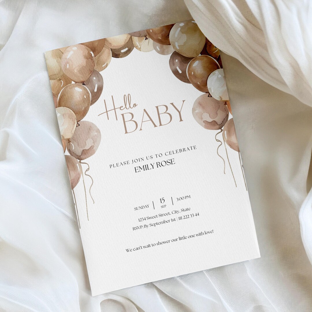 Neutral Baby Shower Invitation, Brown Baby Shower Invitation, Balloons ...