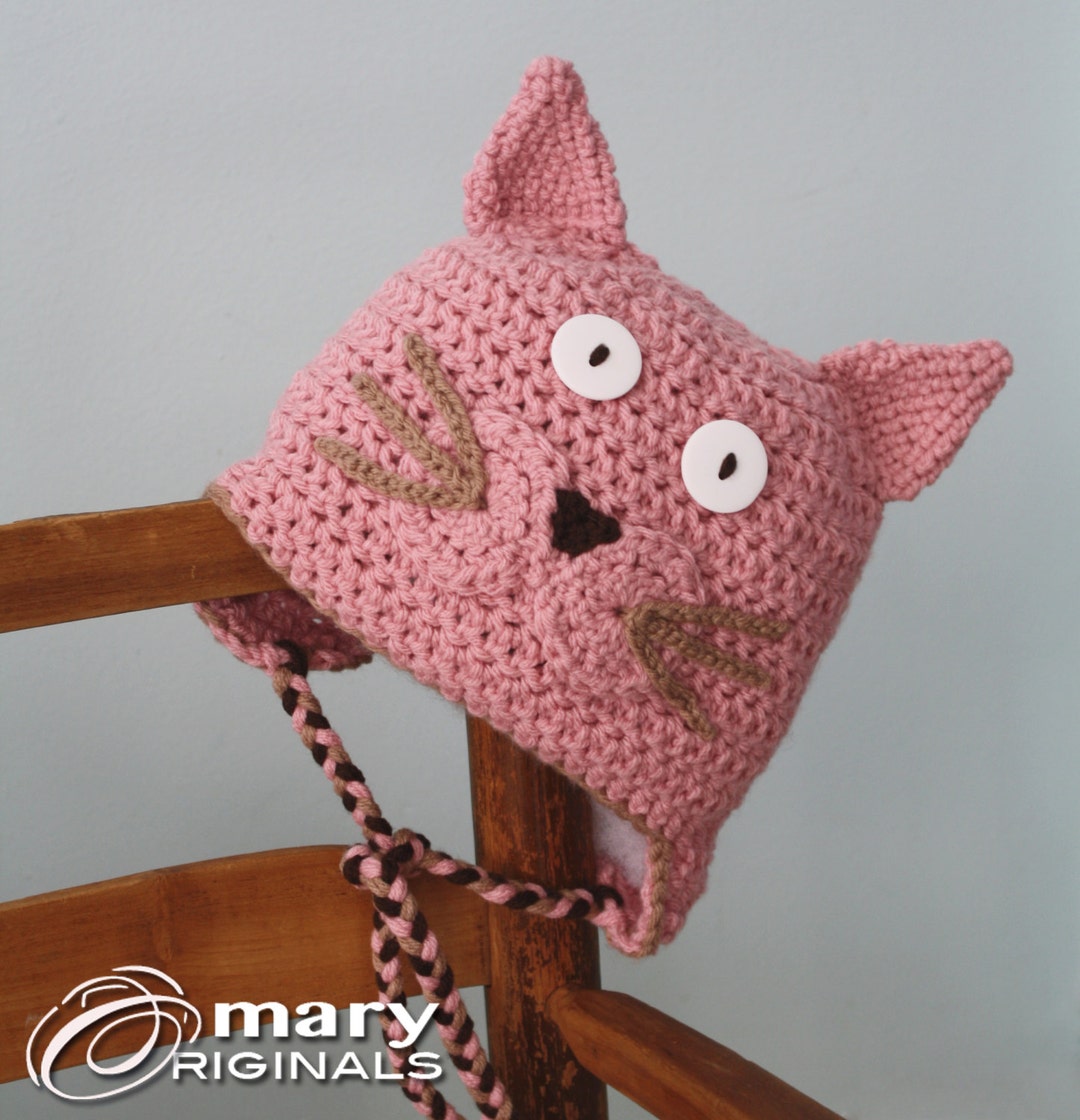 Cat Hat, Pink Kitty Hat, Earflap Hat, Crochet Beanie, Winter Hat ...
