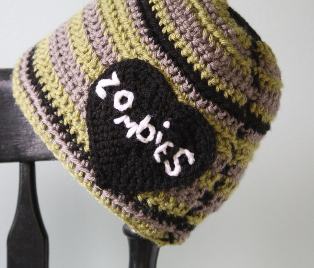 Zombie Tattoo Hat, Zombie Love Hat, Crochet Beanie, Crochet Zombie Hat ...