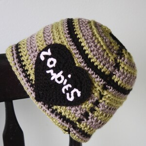 Zombie Tattoo Hat, Zombie Love Hat, Crochet Beanie, Crochet Zombie Hat ...