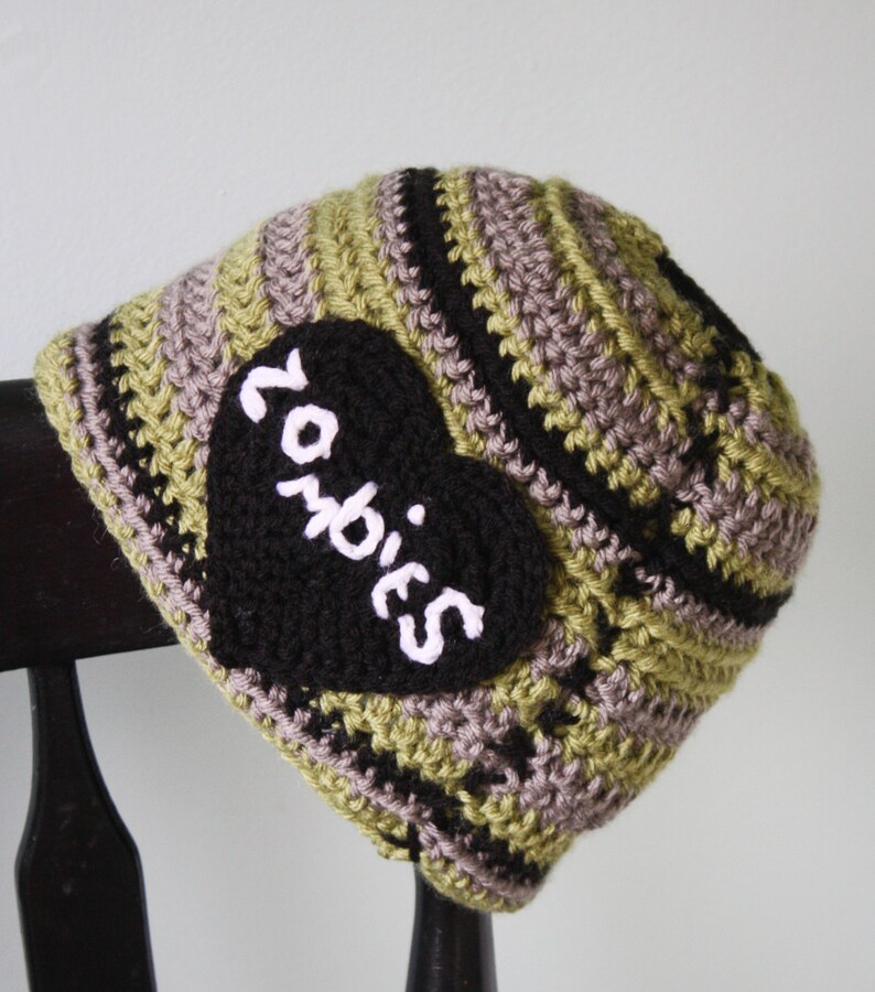 Zombie Tattoo Hat, Zombie Love Hat, Crochet Beanie, Crochet Zombie Hat ...