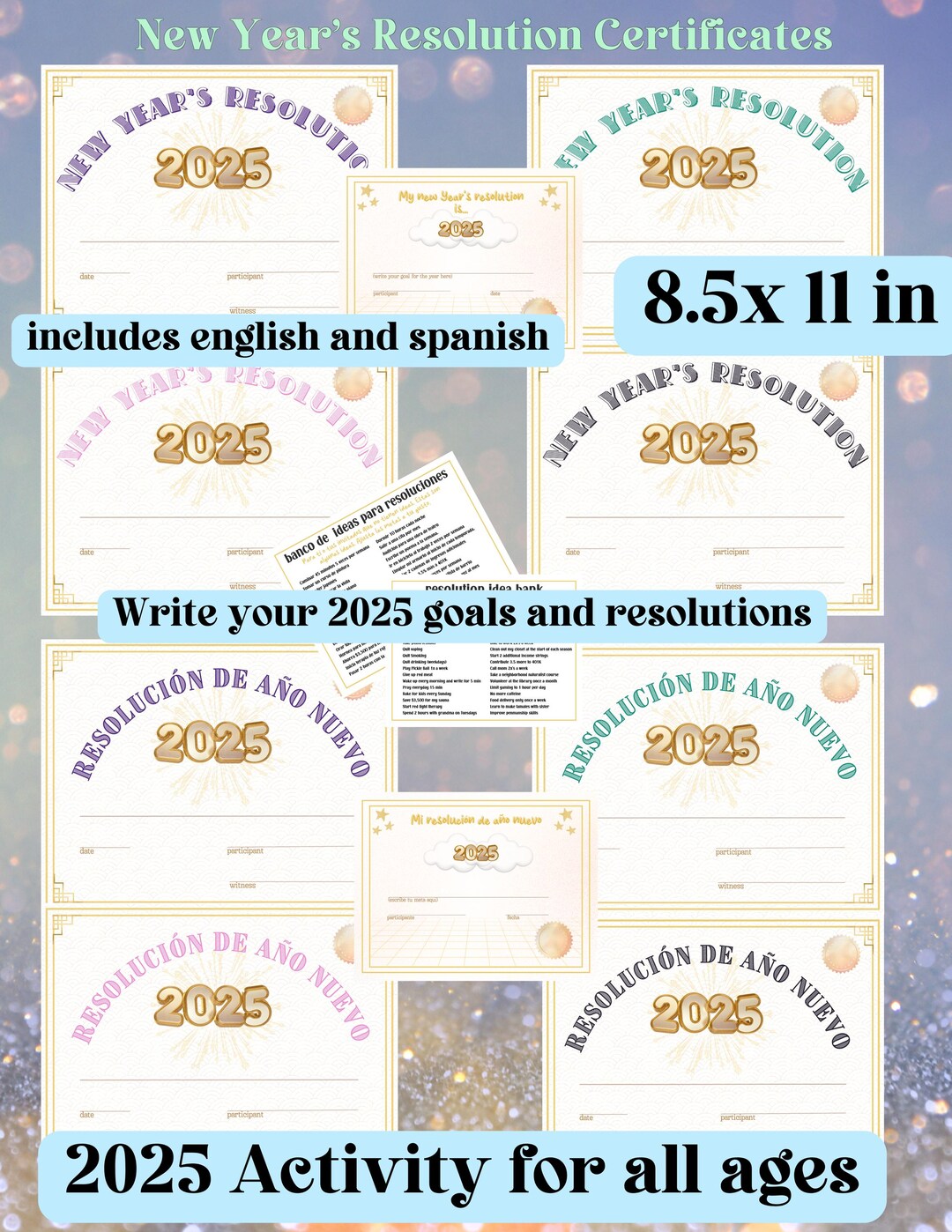 Happy New Year Resolution Certificates English Spanish Activity, Games ...