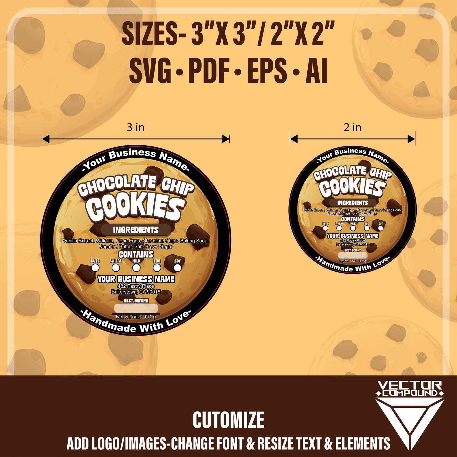 Editable Chocolate Chip Cookie Label Bundle, Printable Food Label ...