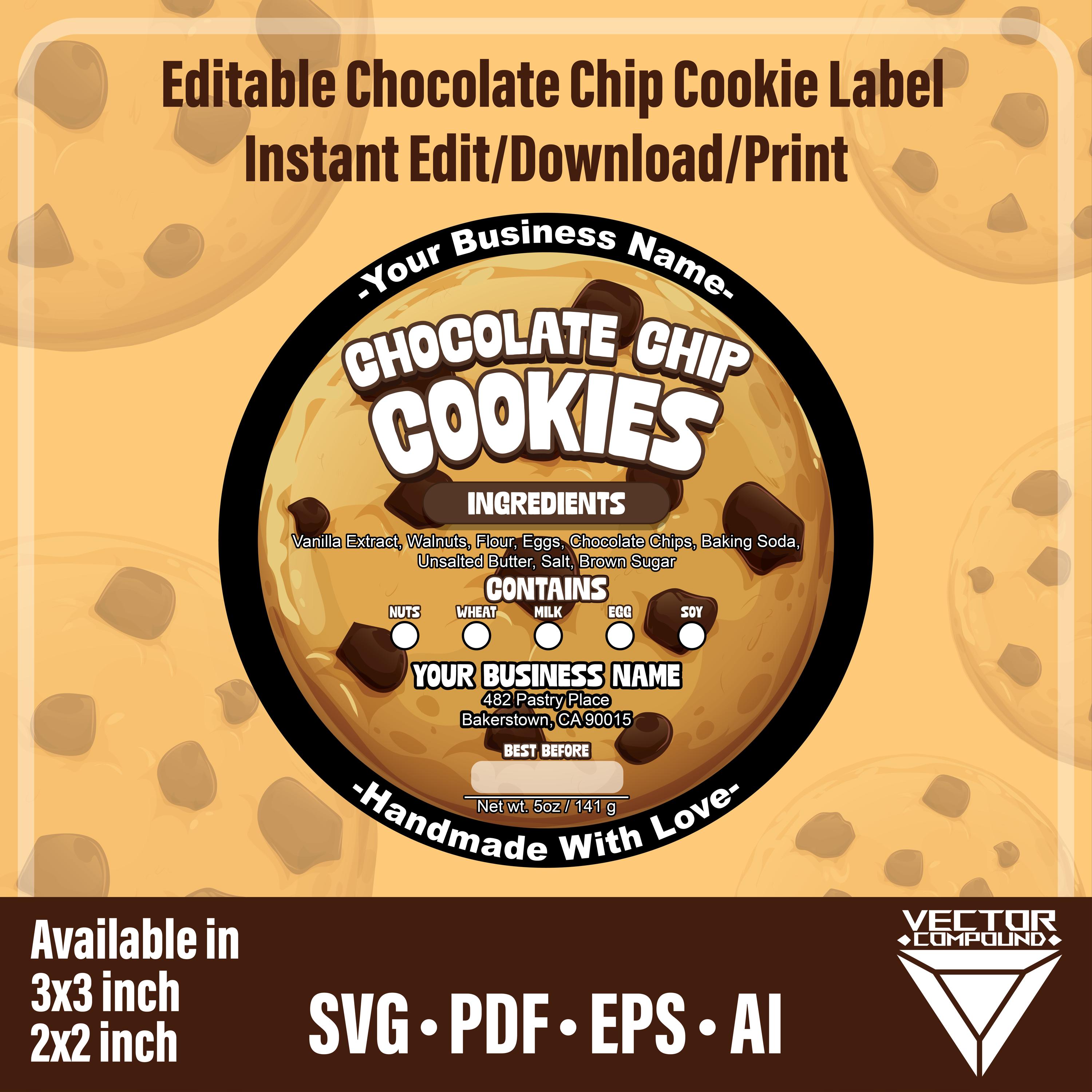Editable Chocolate Chip Cookie Label Bundle, Printable Food Label ...