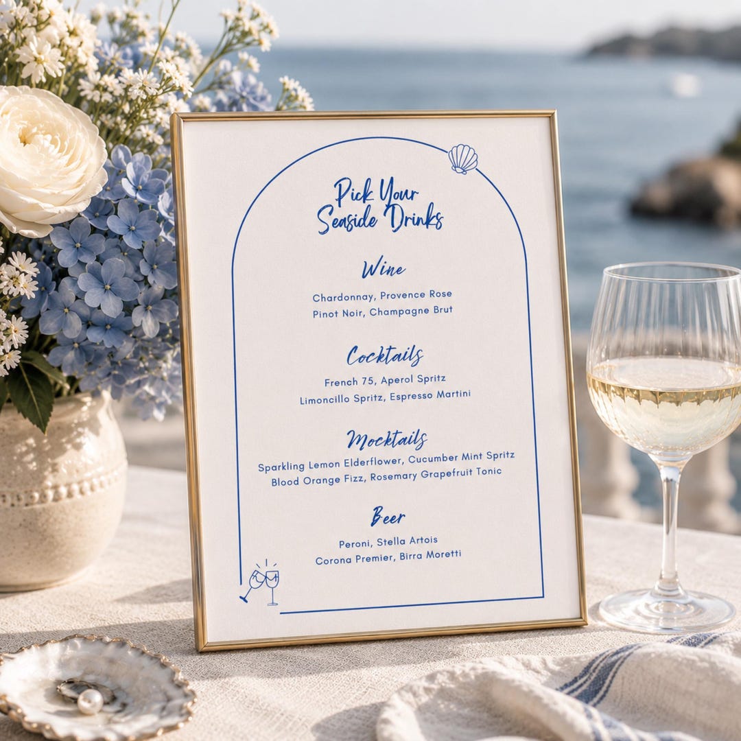 Signature Drinks Menu, Coastal Wedding Bar Decor, Editable Canva ...