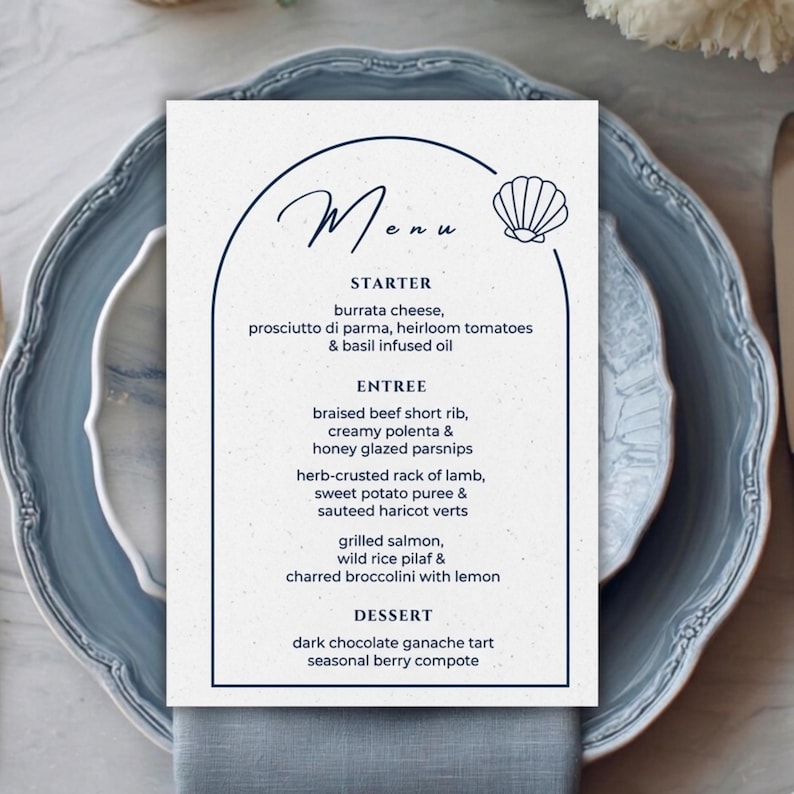 Coastal Wedding Menu Template, Editable Canva Card, Seashell Reception ...