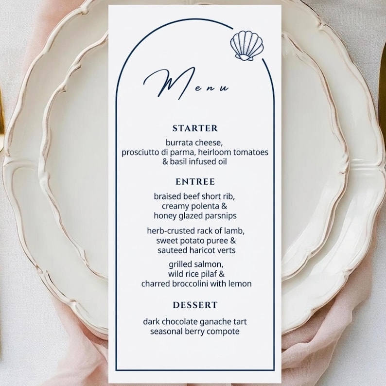 Coastal Wedding Menu Template, Editable Canva Card, Seashell Reception ...