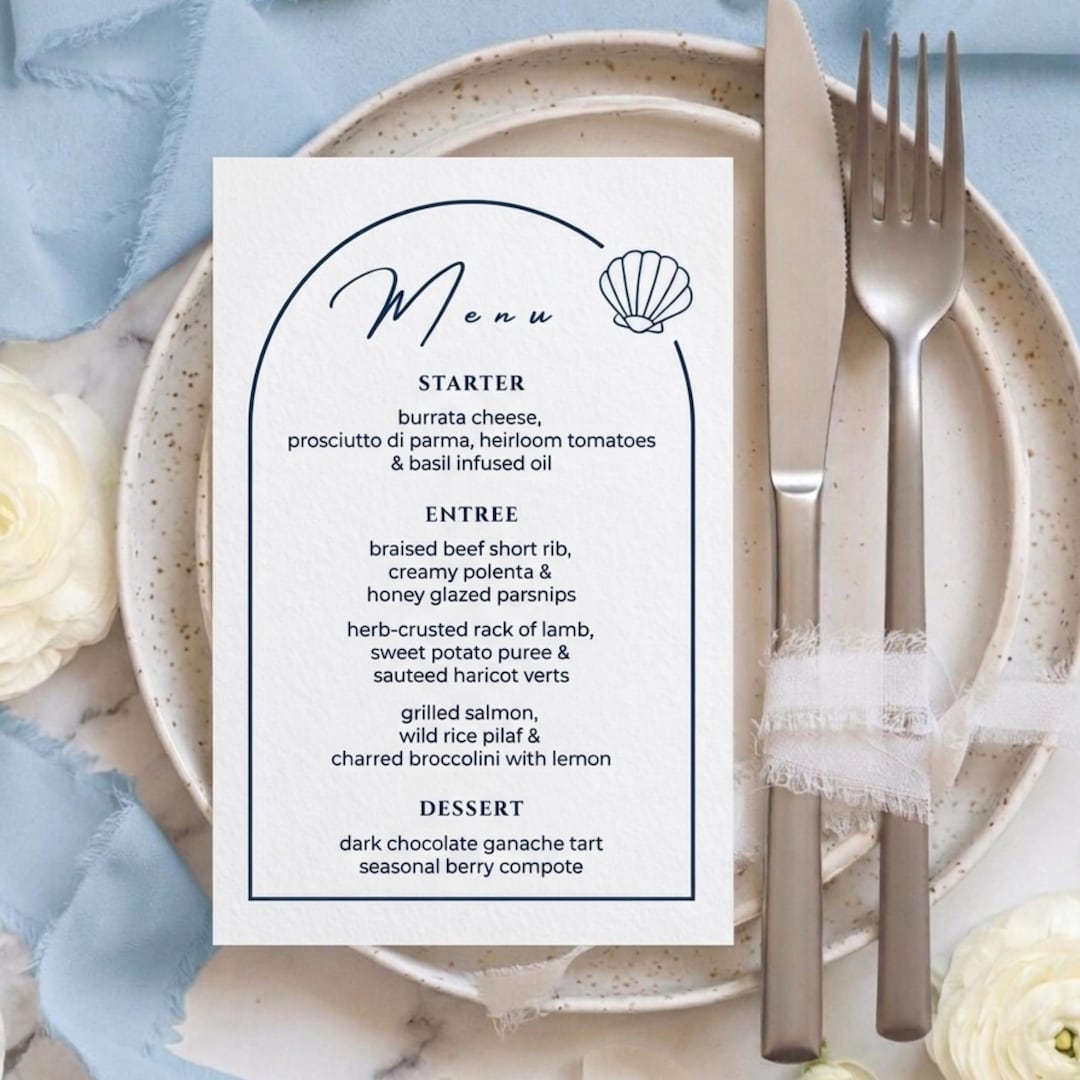 Coastal Wedding Menu Template, Editable Canva Card, Seashell Reception ...