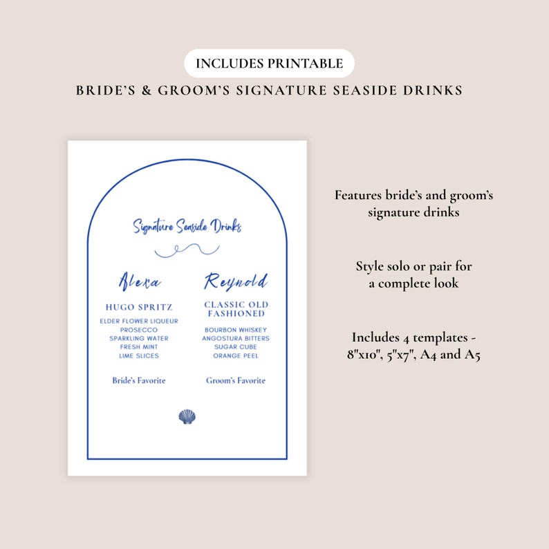 Signature Drinks Menu, Coastal Wedding Bar Decor, Editable Canva ...