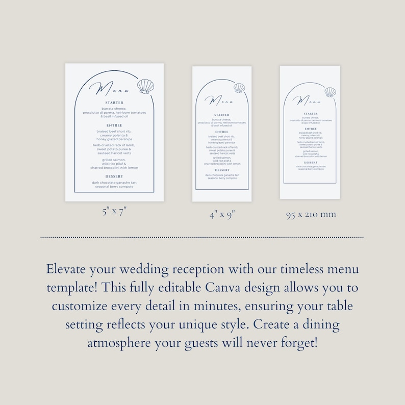 Coastal Wedding Menu Template, Editable Canva Card, Seashell Reception ...