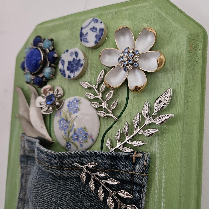 Vintage Jewelry Denim Jean Pocket Art Shabby Chic Fashion Decor Wall ...