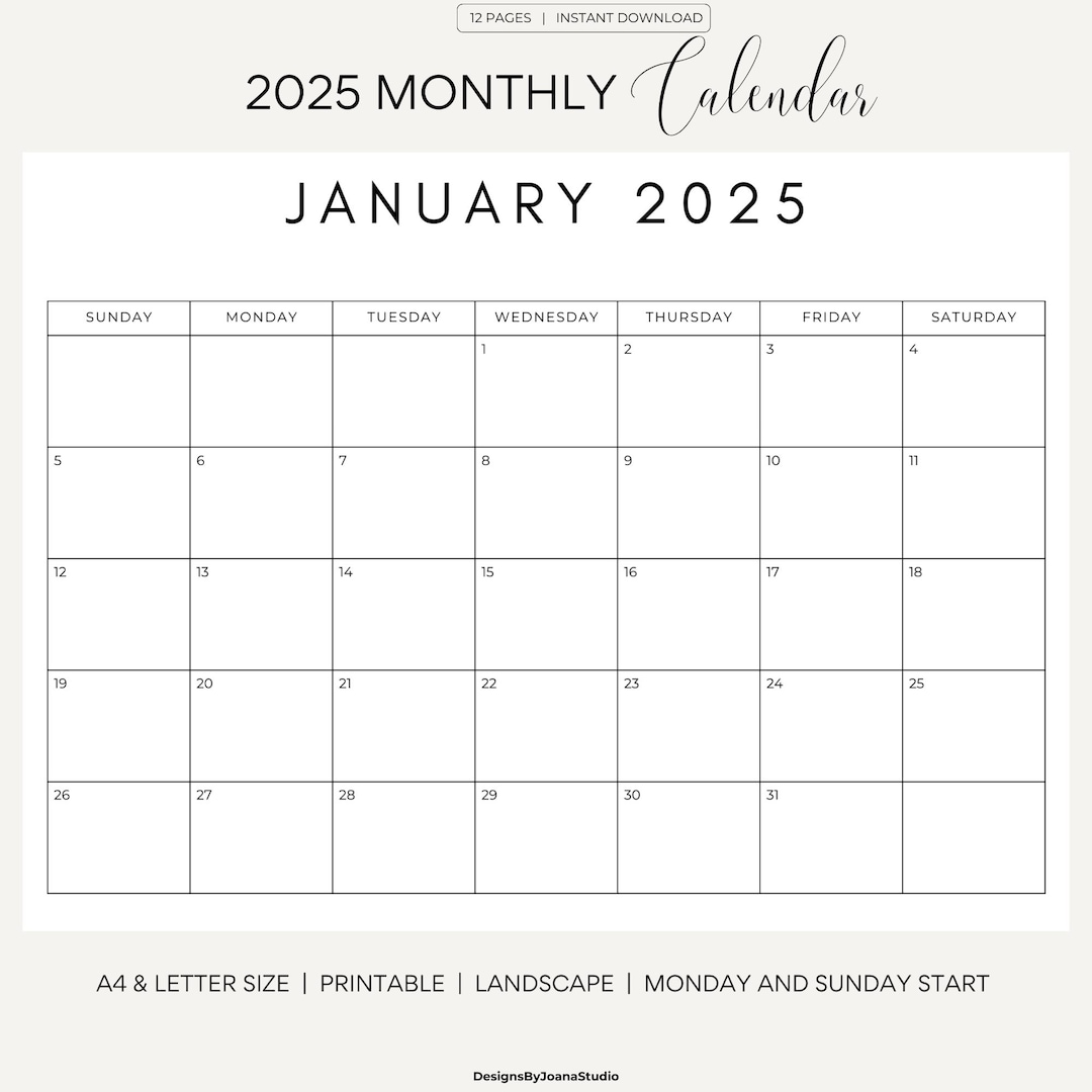 Printable Monthly Calendar 2025 - Etsy