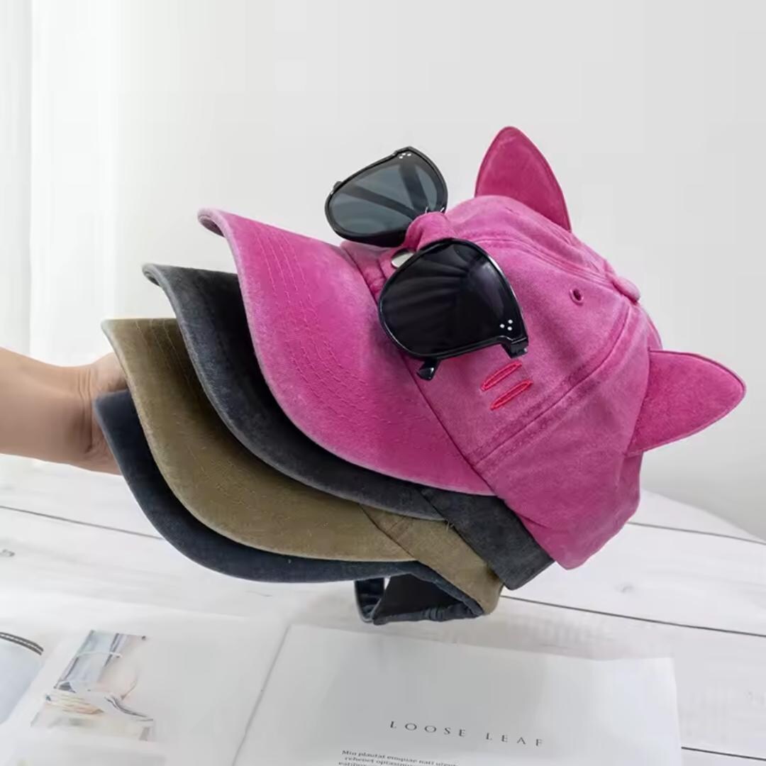 Cute Cat Ear Baseball Cap With Sunglasses Holder – Adjustable Vintage ...